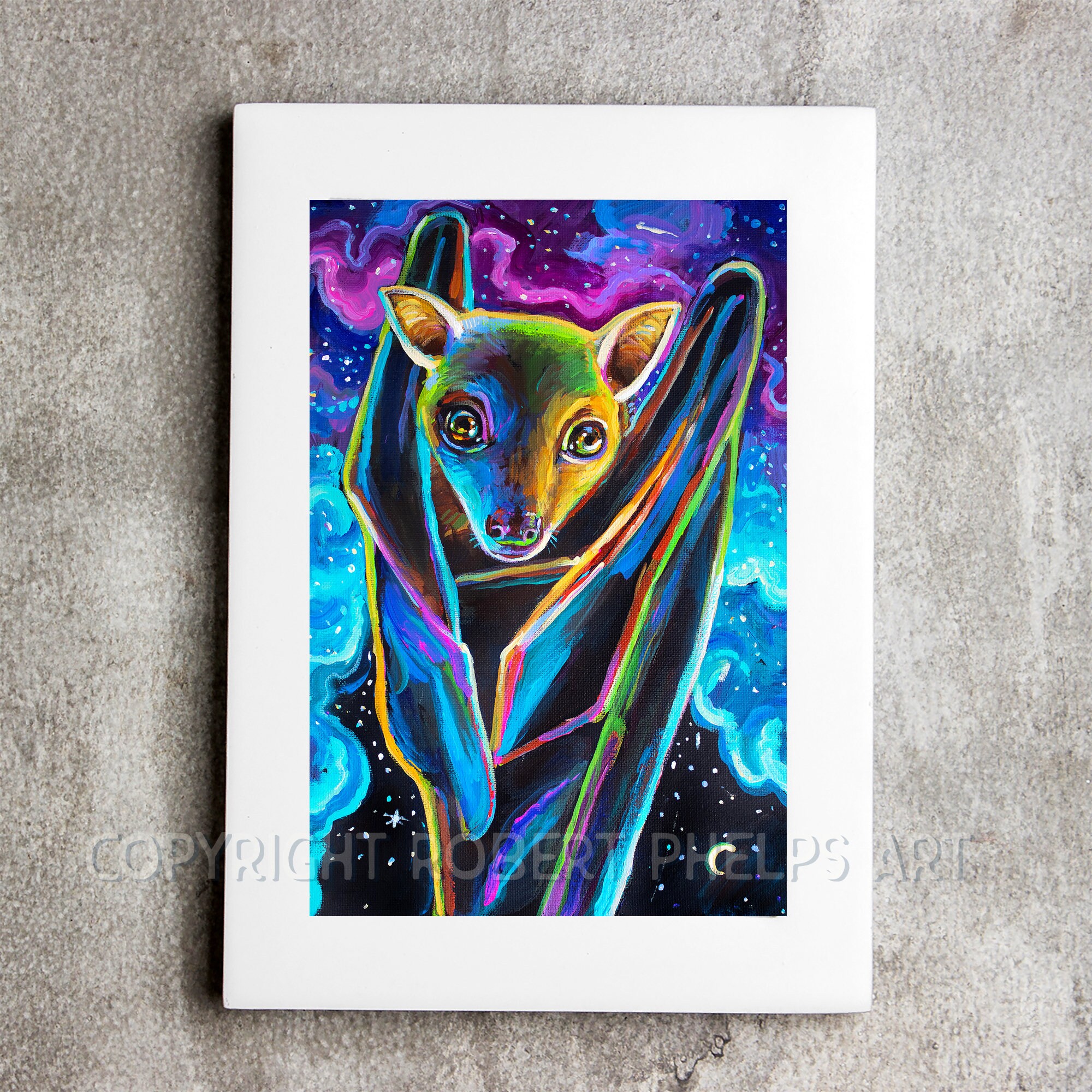 Cute Mini Bat Art Print; Macabre Bookshelf Art, 4x6 Psychedelic Bats ...
