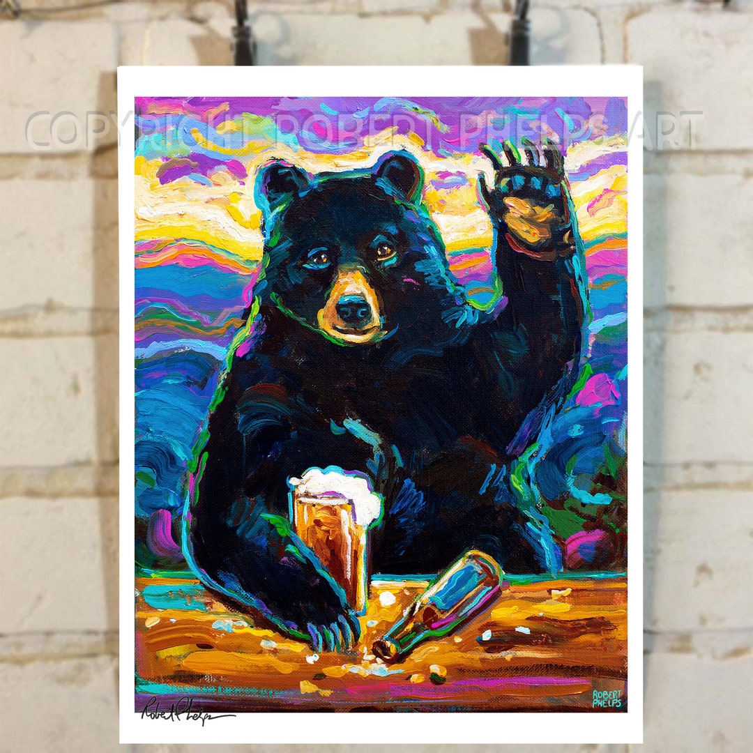 Beer Drinking Bear Art Print, Funny Bear Gift, Black Bear Painting ...