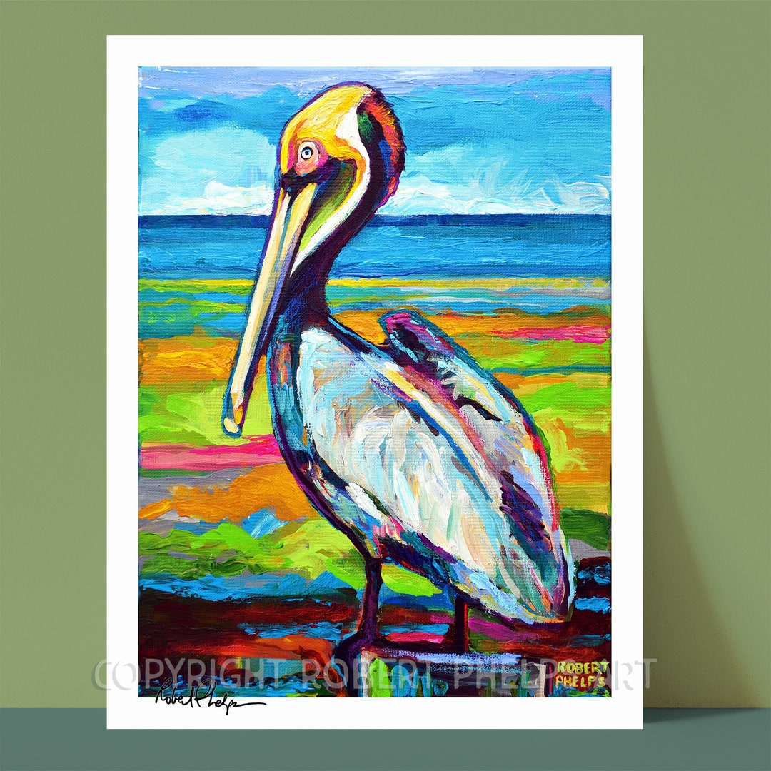 Colorful Brown Pelican Print, Coastal Beach Wall Art, Ocean Wildlife ...