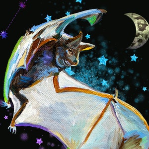 Psychedelic Bat Art Print Creepy Cute Flying Bats and Stars - Etsy
