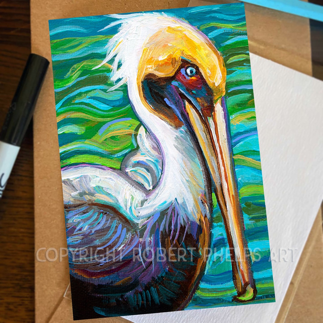 Colorful Pelican Art, Pelican Mini Prints, Brown Pelican Painting ...