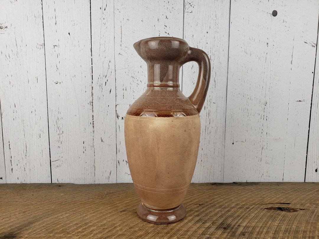 Vintage Boho Ceramic Pitcher Stoneware Water Wine Jug Taupe Brown ...
