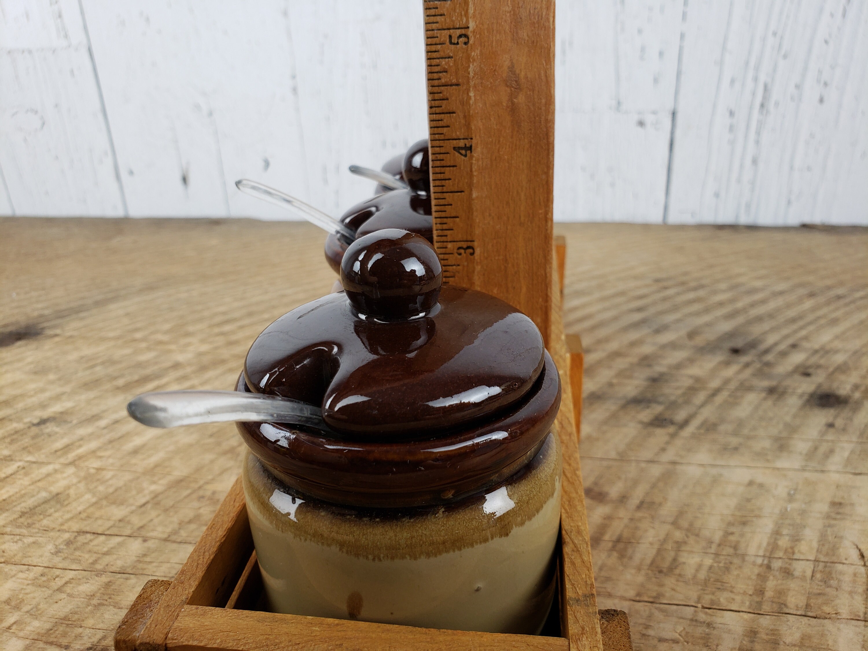 Kitchen Storage Vintage Jam Marmelade & Honey Jars in Wood Caddy ...