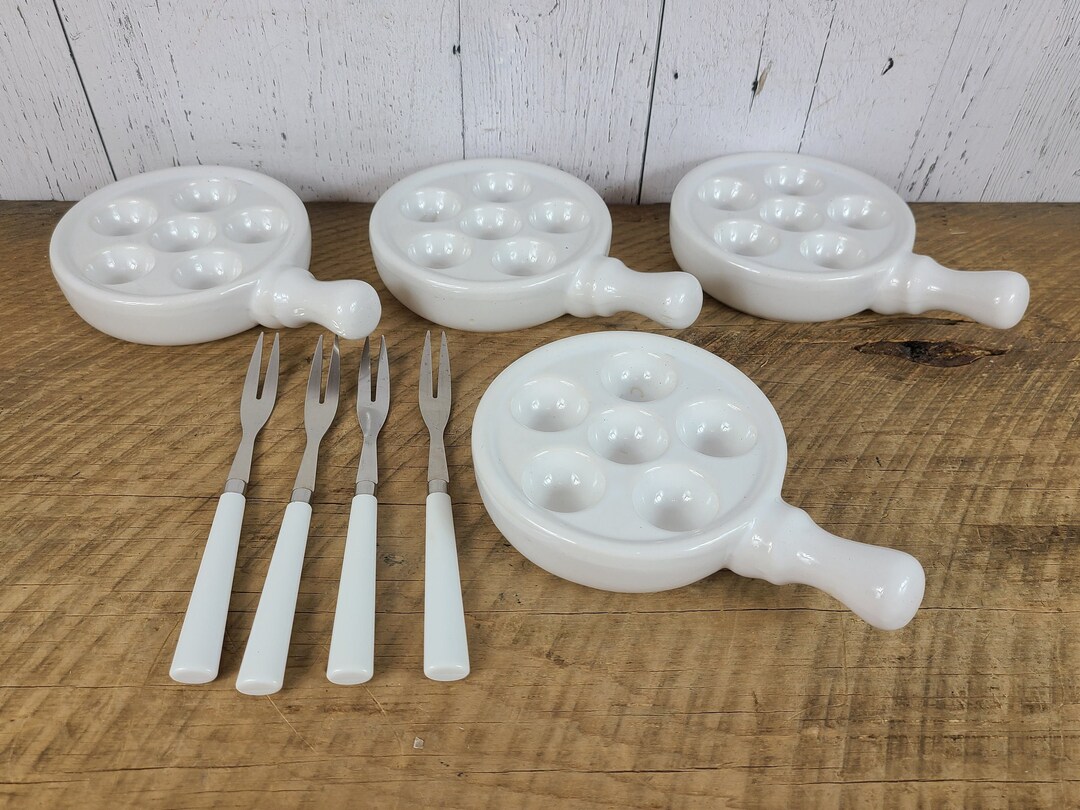 Vintage Set of 4 Escargots Dishes W/ Forks White Stoneware Mushroom ...