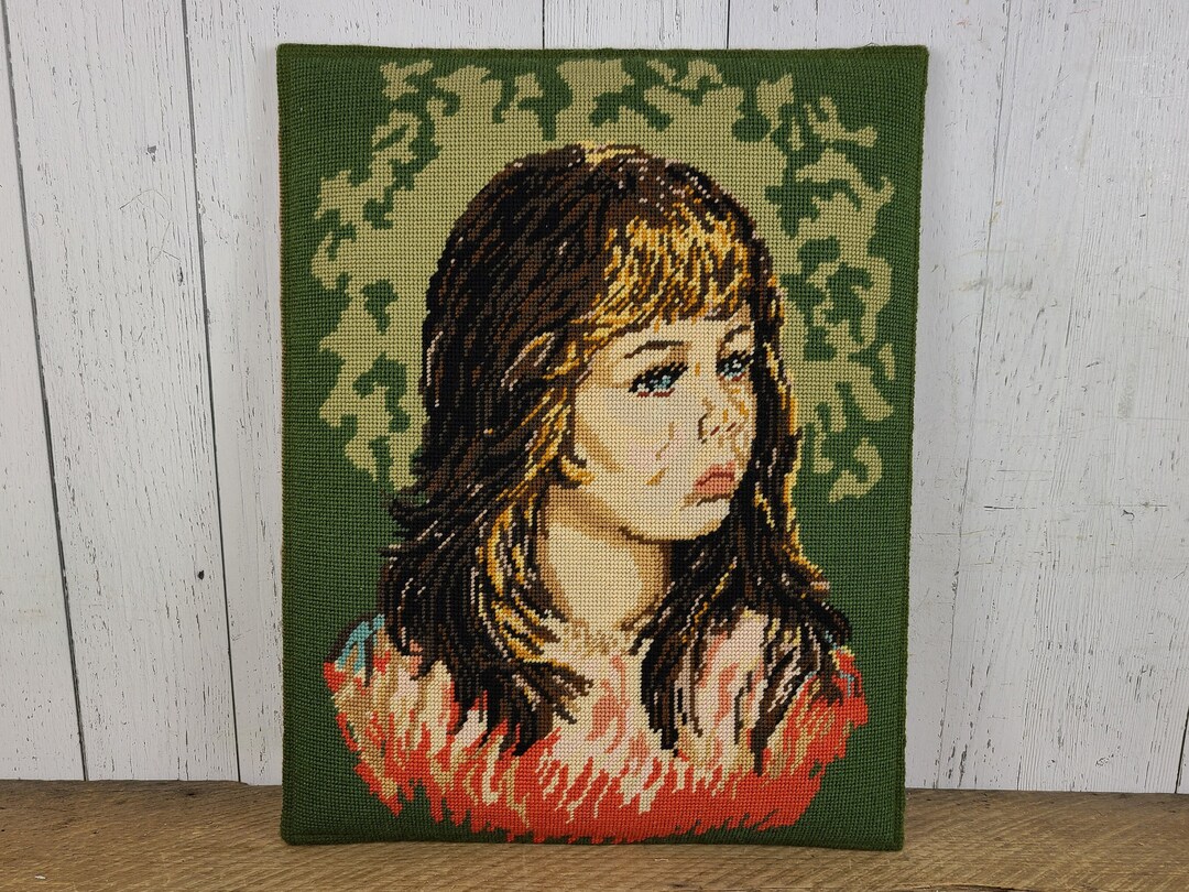 Vintage Unframed Young Girl Embroidery 14x18 Original Artwork Upset Sad ...