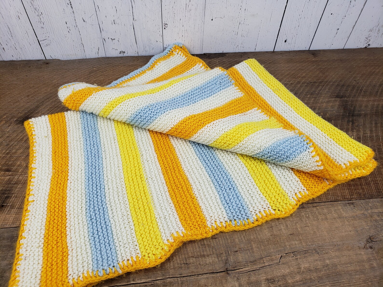 Vintage Blue Beige Yellow Striped Afghan Blanket Crochet Knit - Etsy