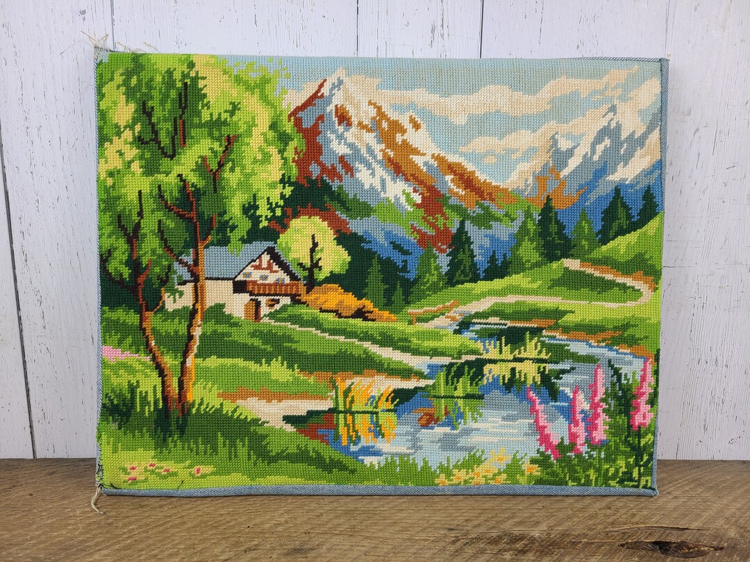 Vintage Unframed Countryside Embroidery 14x18 Original Artwork Country ...