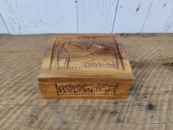 Vintage Rustic Wood Treasure Box Hand Carved Landscap… - Gem