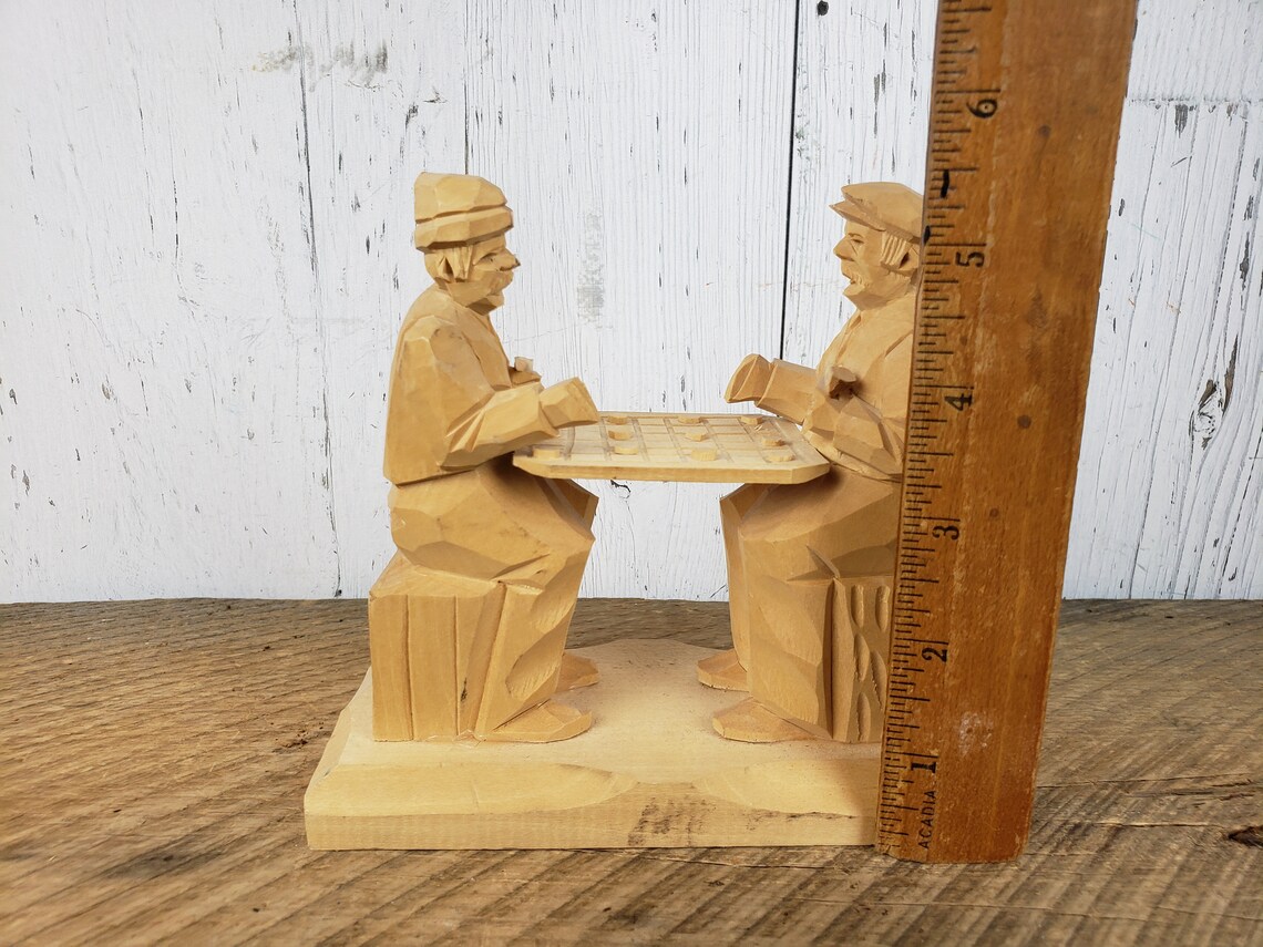 Vintage Two Old Men Playing Checkers Sculpture Hand Carved | Etsy