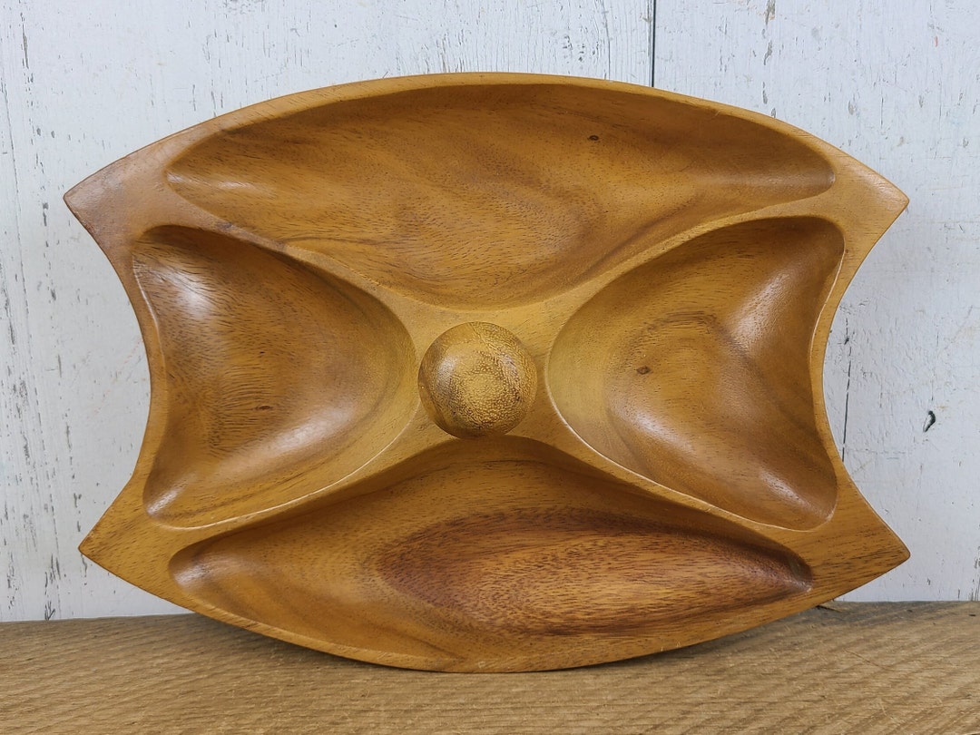 Vintage Divided Teak Wood Platter W/ Center Handle Wooden Relish Plate ...