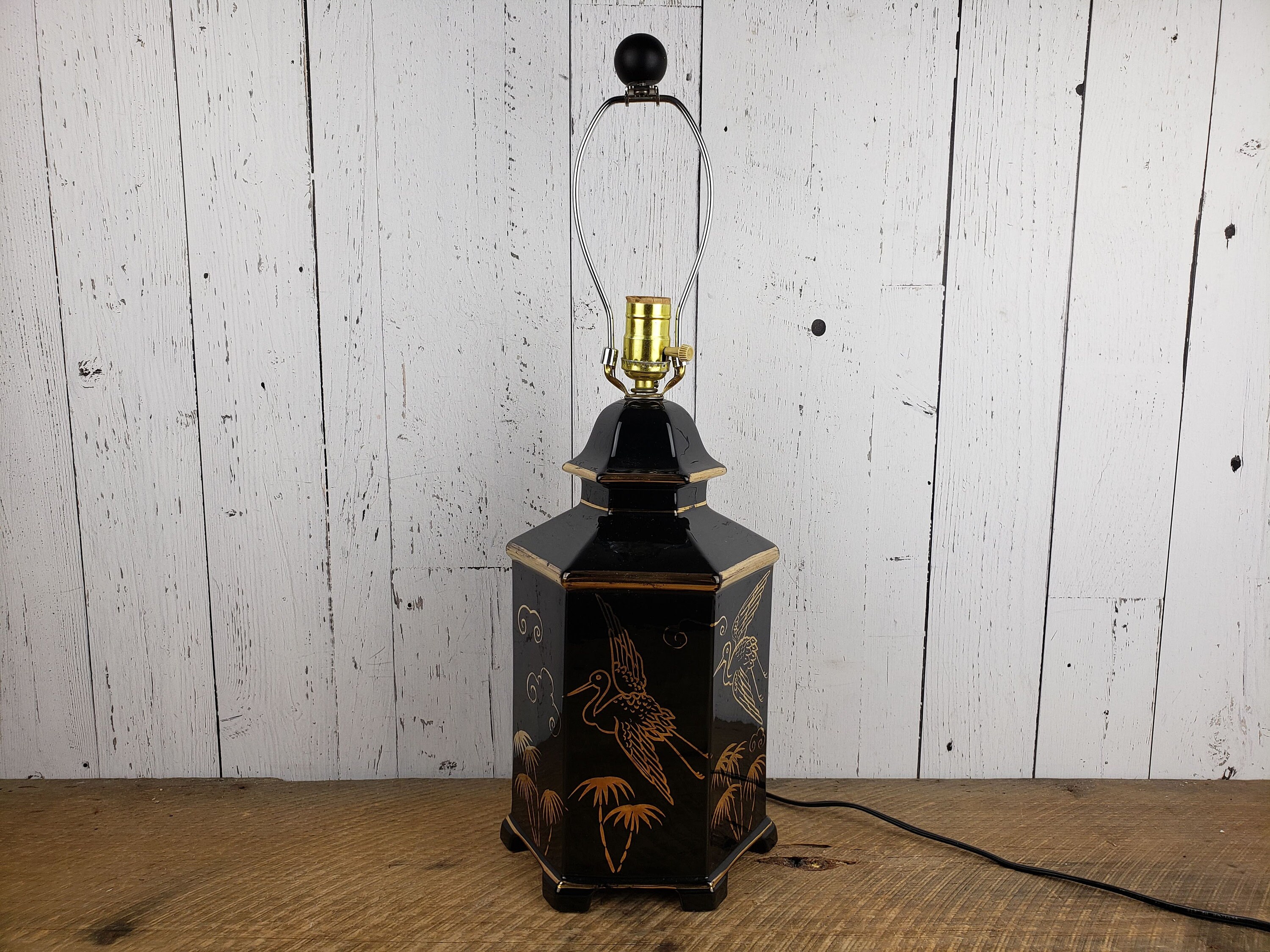 Vintage Stork Birds & Bamboo Lamp Gold Paint on Black Ceramic - Etsy