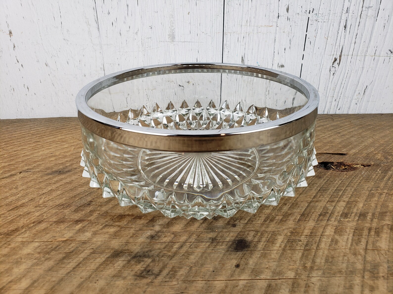 Vintage Diamond Cut Crystal Serving Bowl Silver Tone Metal Rim - Etsy
