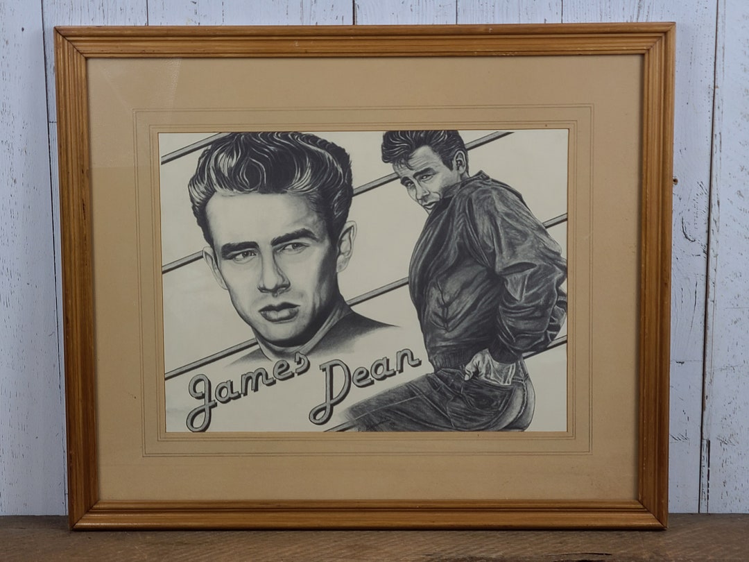 Vintage James Dean Original Framed Pencil Drawing 1988 E. Beaudoin ...