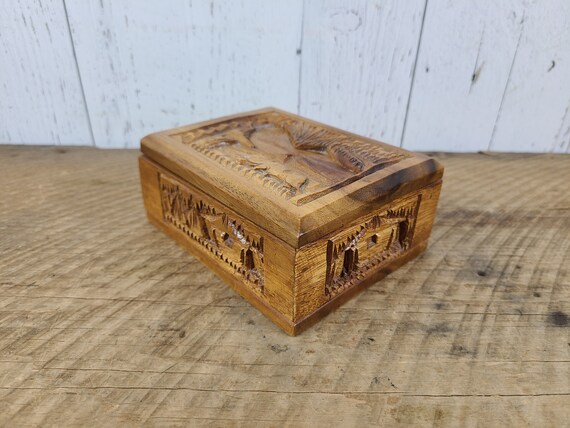 Vintage Rustic Wood Treasure Box Hand Carved Landscap… - Gem