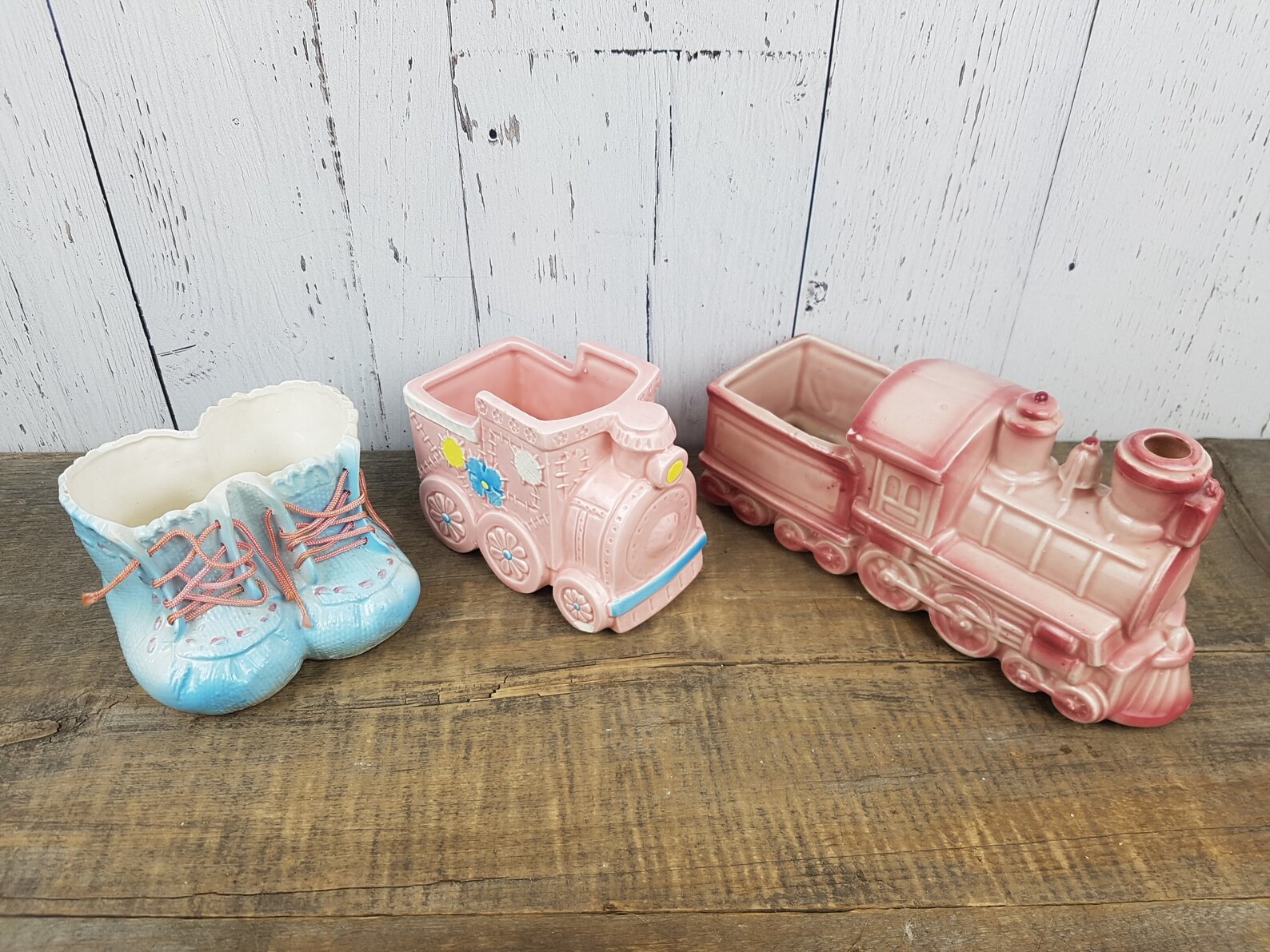 Vintage 50s Set of 3 Baby Planters Trains Booties Pink & Blue - Etsy