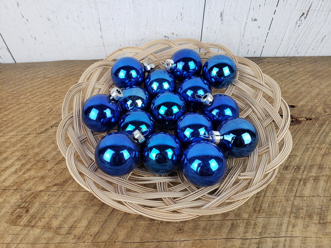 Vintage Set of 15 Cobalt Blue Round Ball Ornaments Christmas Tree Glass ...