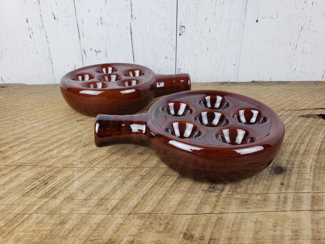 Vintage Set of 2 Escargots Dishes 70s Brown Stoneware Mushroom Plates ...