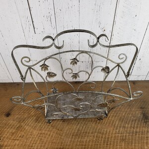 Vintage Metal Magazine Rack Leaf Pattern Brushed Rustic Silver Bathroom ...