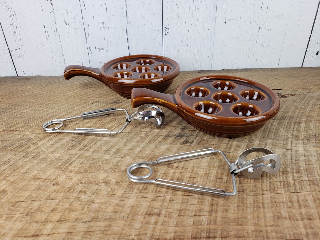 Vintage Set of 2 Escargots Dishes W/ Tongs 70s Brown Stoneware Mushroom ...