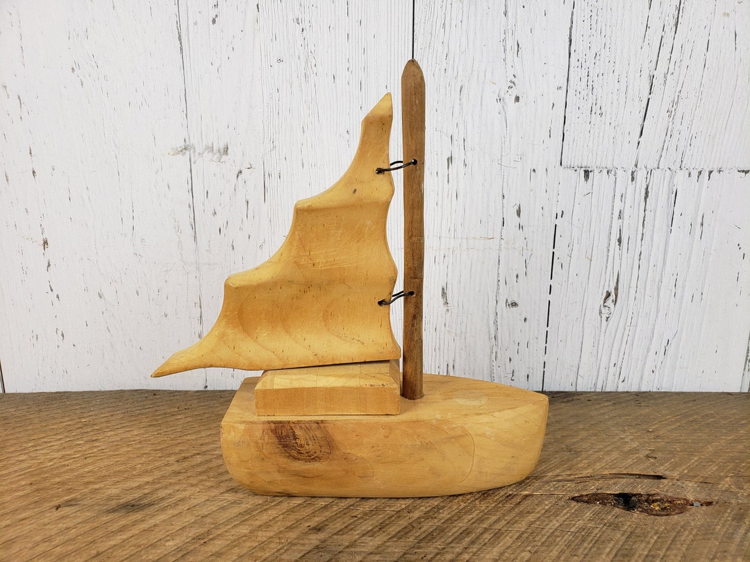 Vintage Wooden Boat Sculpture Hand Carved Wood Sailboat Paperweight ...