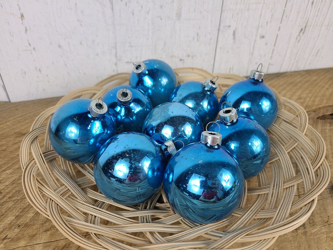 Vintage Set of 9 Sky Blue Round Ball Ornaments Christmas Tree Mercury ...