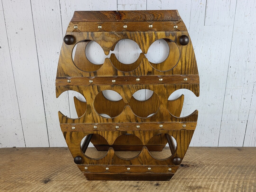 Vintage Barrell Shaped Wooden Wine Rack Wood Holder Mid Century Kitchen ...