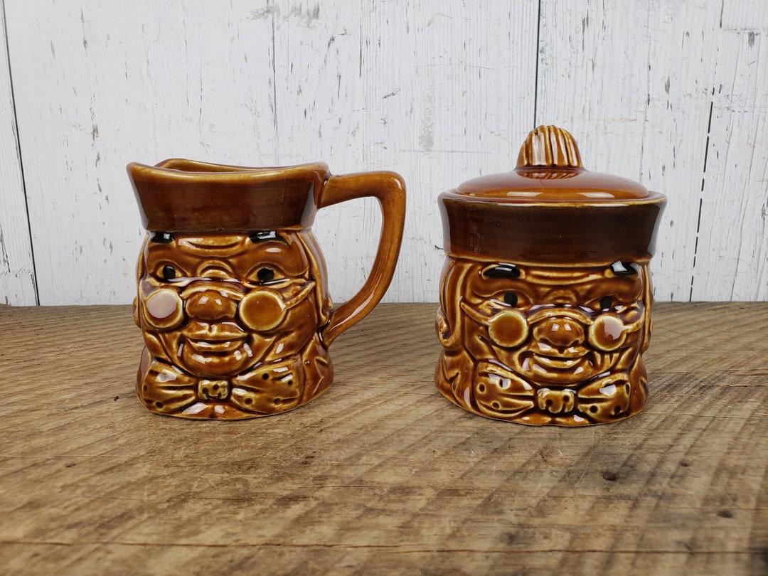 Vintage Benjamin Franklin Sugar Creamer Set Milk Jug & Bowl Toby Style ...