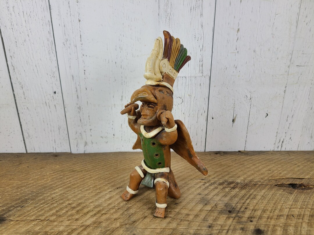 Vintage Aztec Warrior Flute Statue Clay Whistle Tribal Mayan Mexican ...
