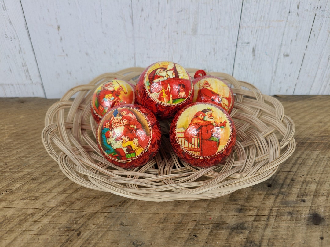 Vintage Set of 6 Red Santa Claus Paper Mache Ornaments Colorful Red ...