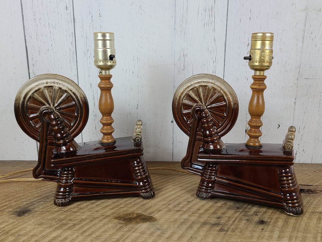 Vintage Set of 2 Spinning Wheel Shaped Lamps Brown & Beige Ceramic and ...