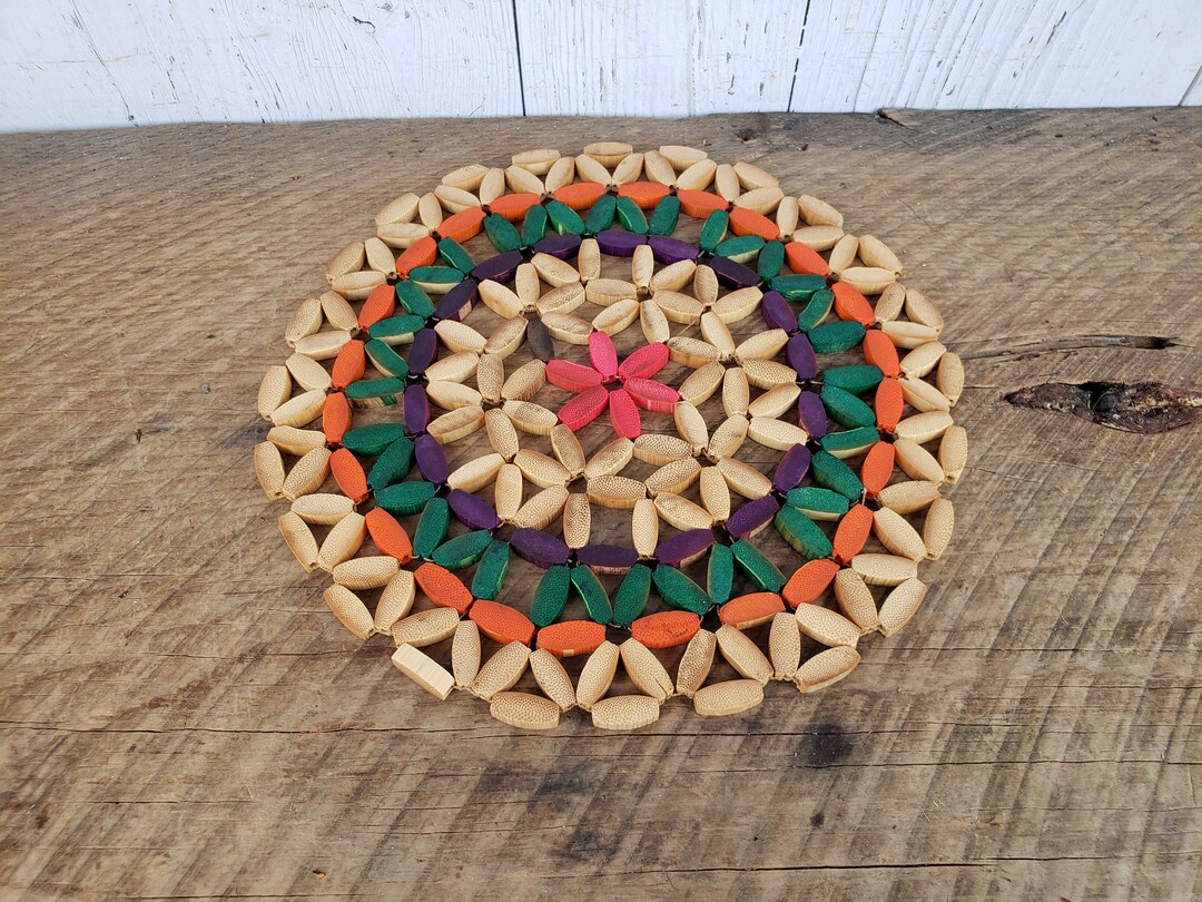 Vintage Weaved Wood Beads Trivet 8.5 Wide Colorful Pot Holder Stand ...