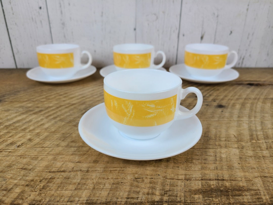 Vintage Set of 4 Arcopal Teacup & Saucer Yellow and White Arc France ...