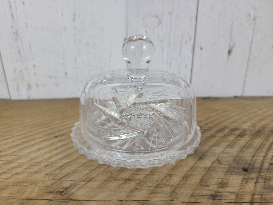 Vintage Crystal Glass Round Butter Dish Pinwheel Star Pattern Plate W ...