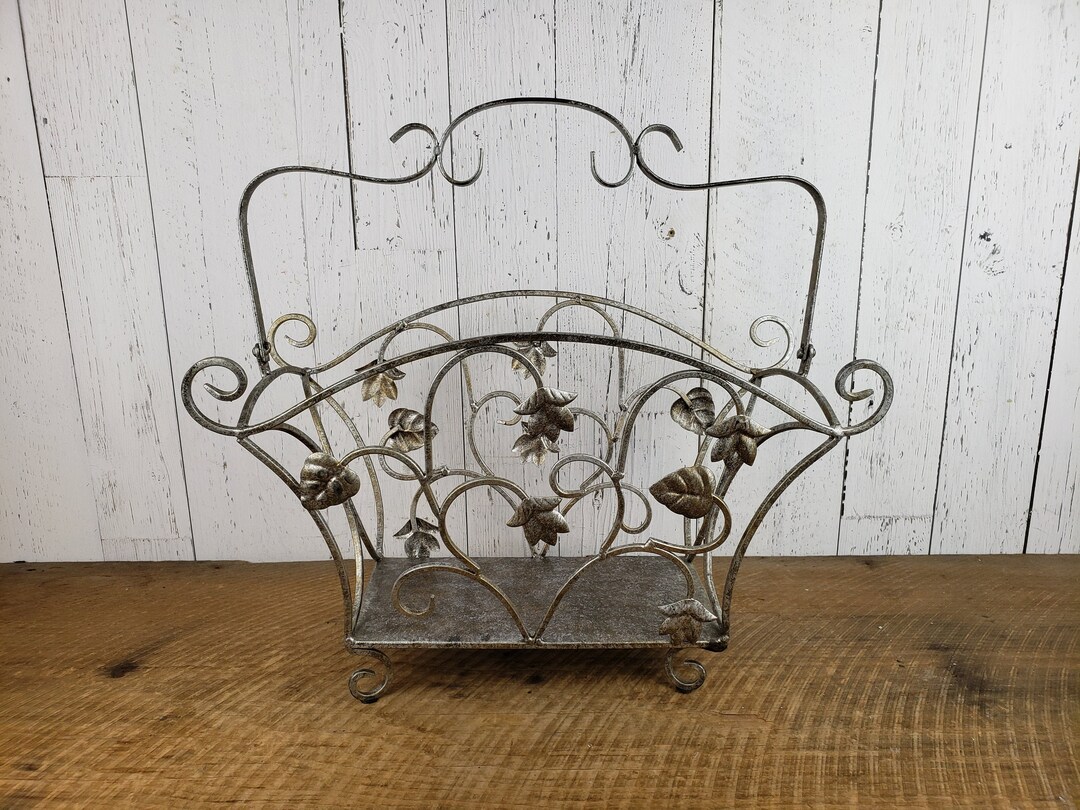 Vintage Metal Magazine Rack Leaf Pattern Brushed Rustic Silver Bathroom ...