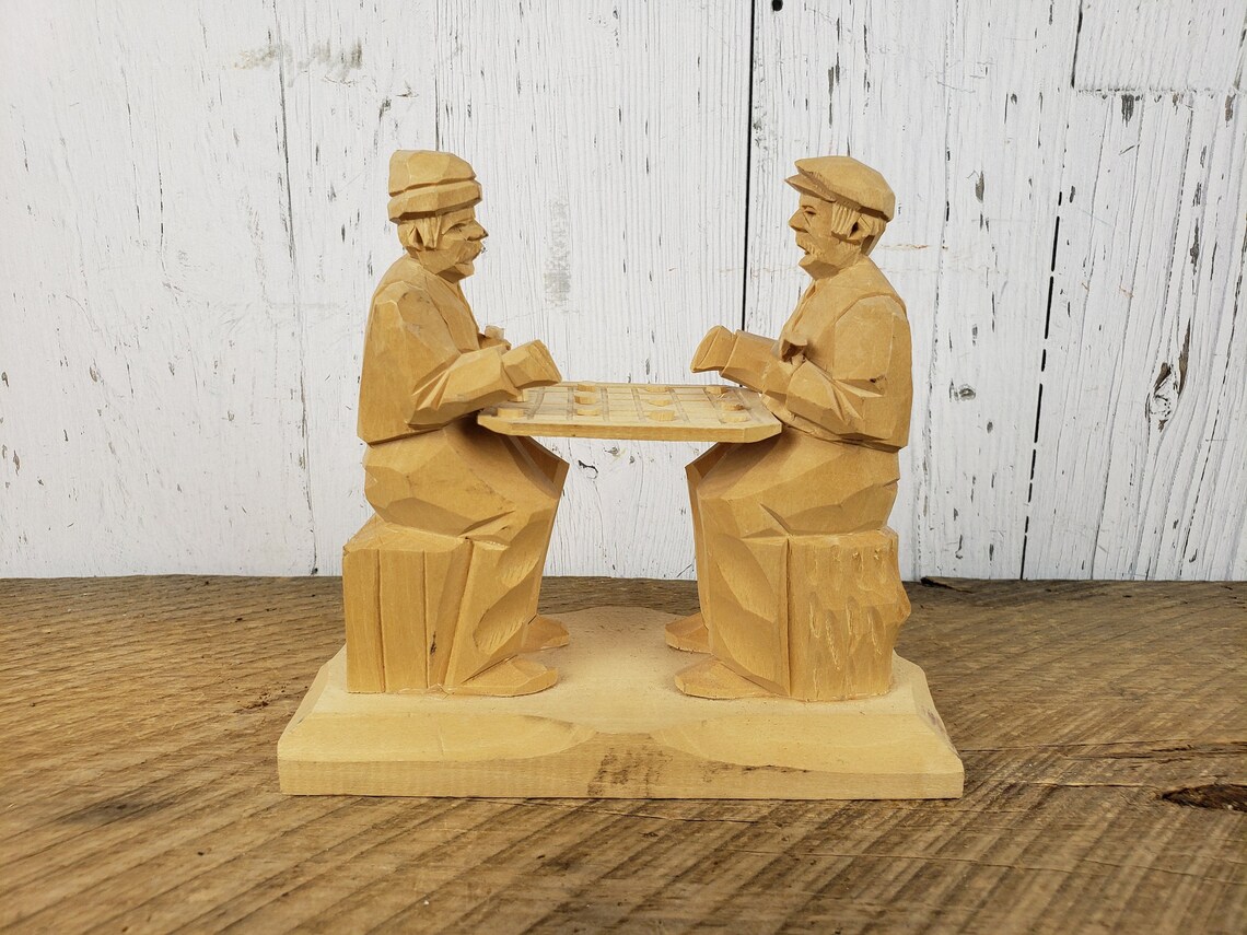 Vintage Two Old Men Playing Checkers Sculpture Hand Carved | Etsy