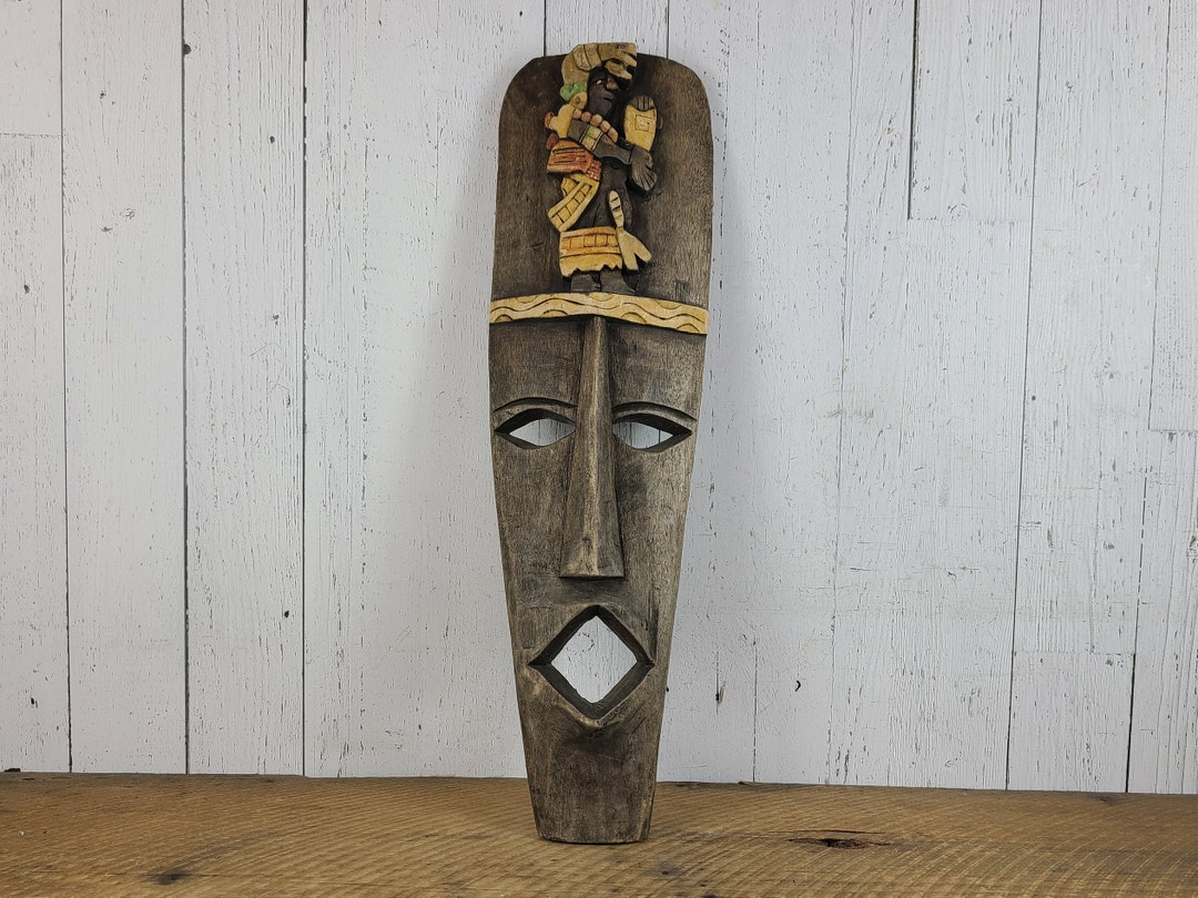 Vintage Large Aztec Warrior Wooden Tribal Mask 24 Hand Carved Wood ...