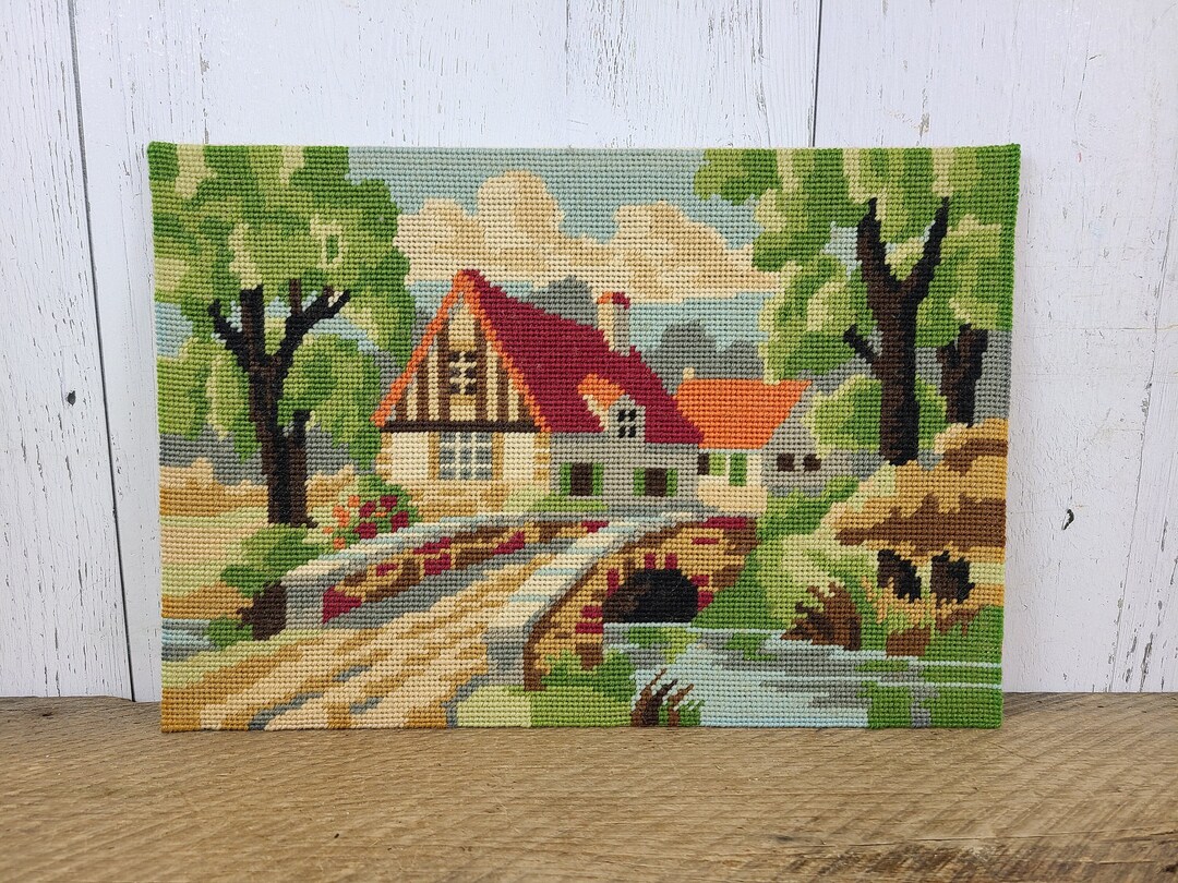 Vintage Unframed Countryside Embroidery 9.5x14 Original Artwork Country ...