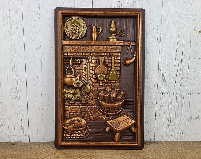 Vintage Old Farmhouse Wall Plaque Country Home Fireplace Copper Gold ...