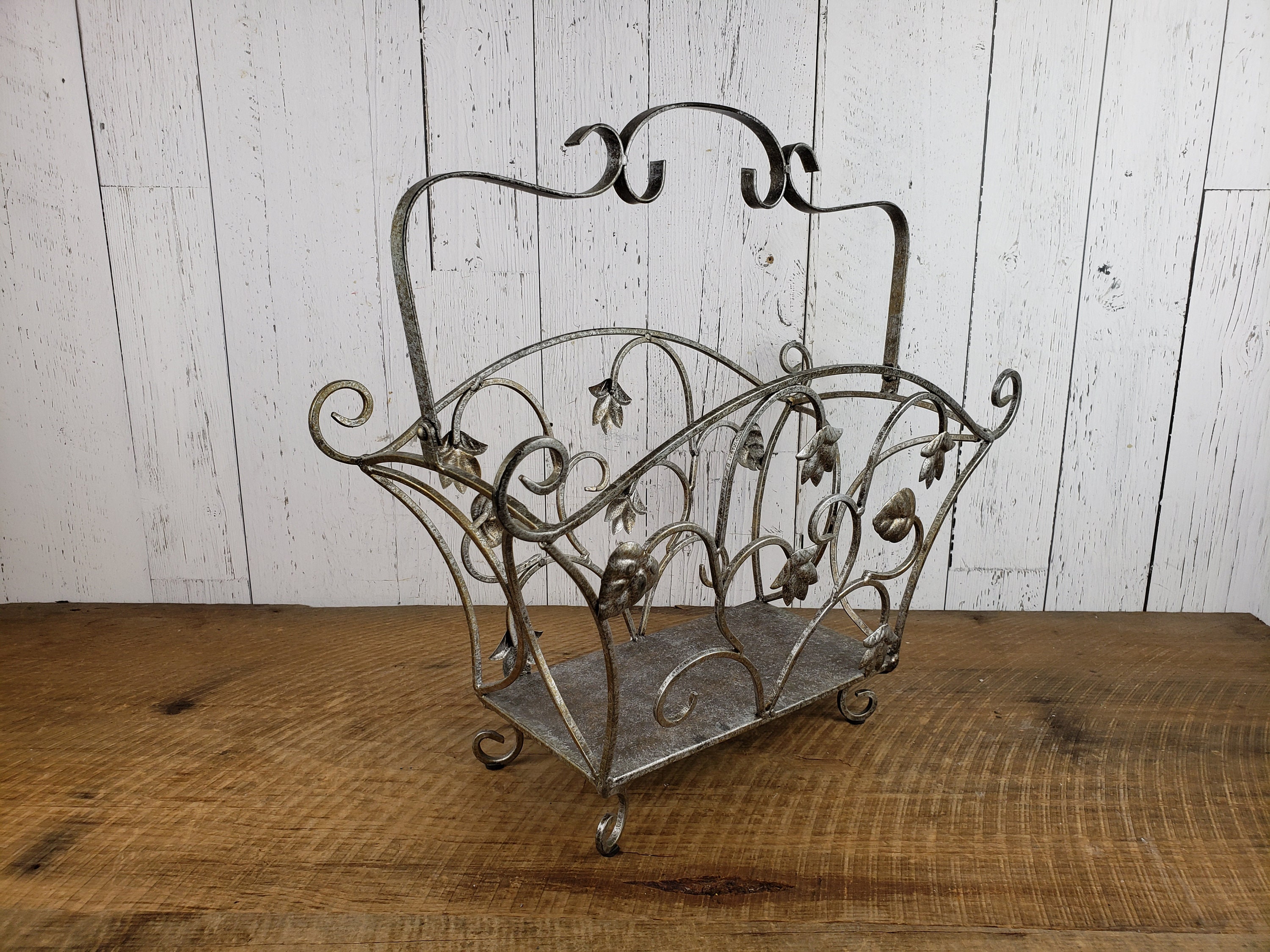 Vintage Metal Magazine Rack Leaf Pattern Brushed Rustic Silver - Etsy