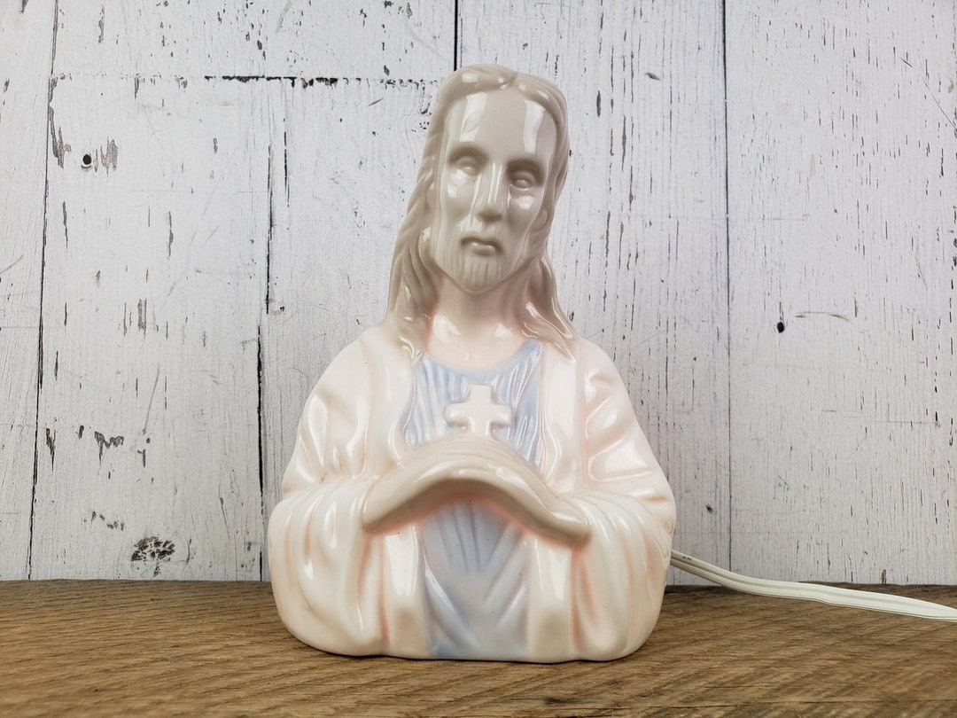 Vintage Jesus Christ Nightlight White & Blue Porcelain Statue Lamp ...