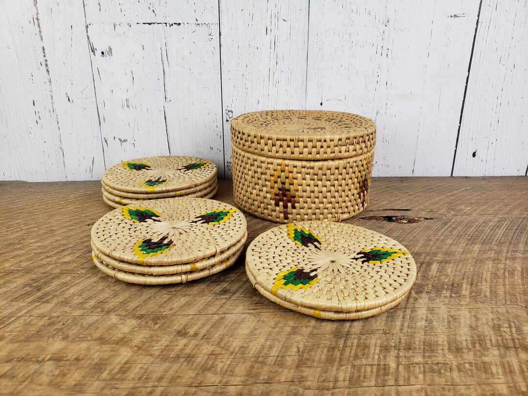 Vintage Set of 9 Wicker Coasters in Matching Box Weaved Straw Boho Chic ...