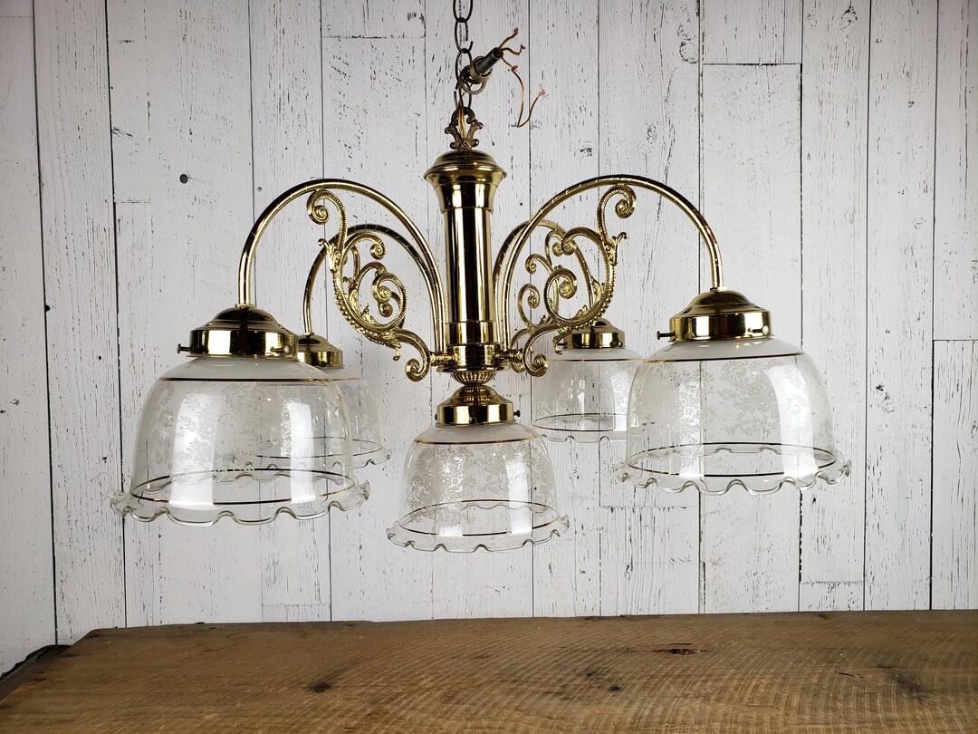 Vintage Brass & Glass Pendant Chandelier Light Fixture Floral Shades ...
