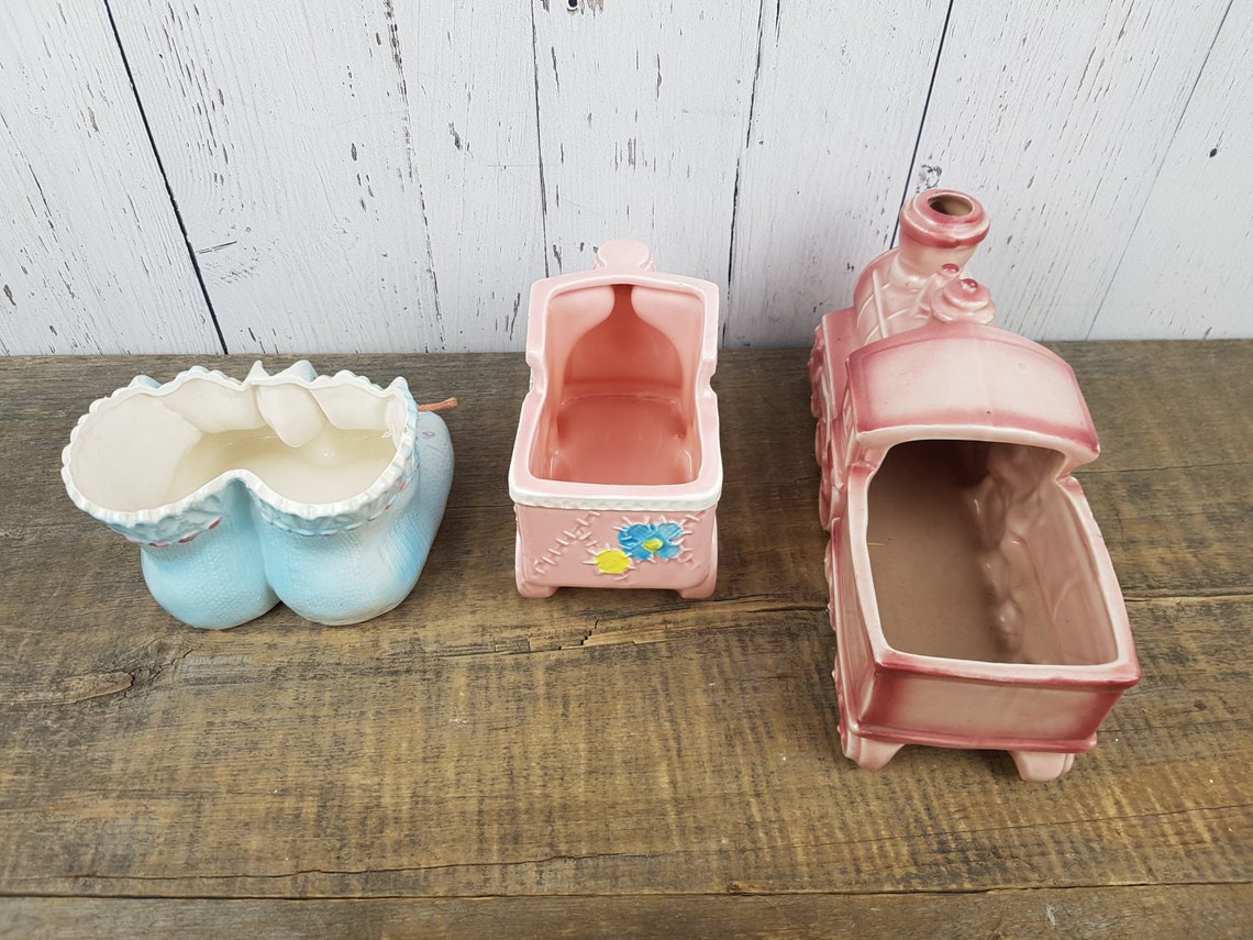 Vintage 50s Set of 3 Baby Planters Trains Booties Pink & Blue - Etsy