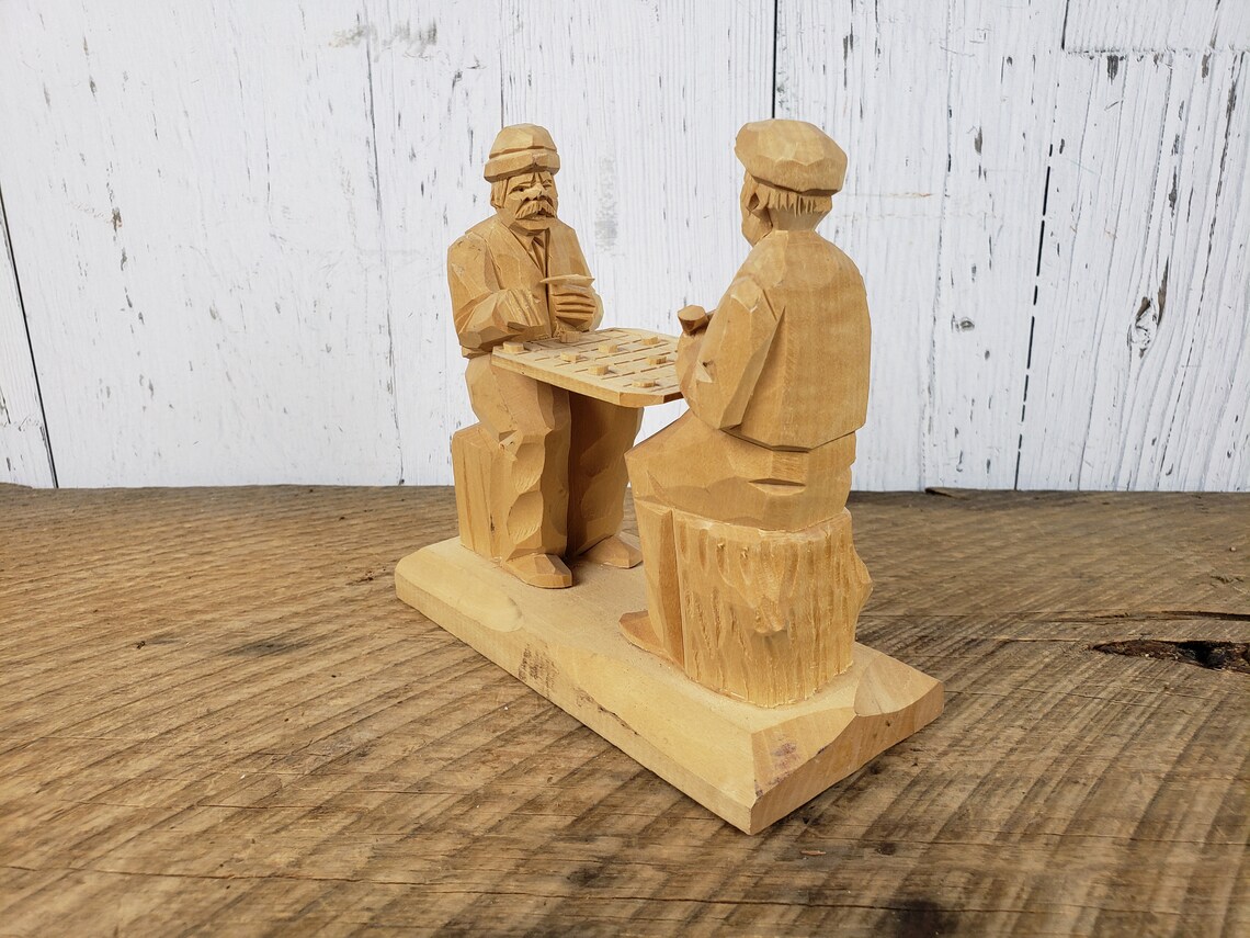 Vintage Two Old Men Playing Checkers Sculpture Hand Carved | Etsy