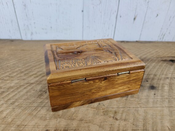 Vintage Rustic Wood Treasure Box Hand Carved Landscap… - Gem
