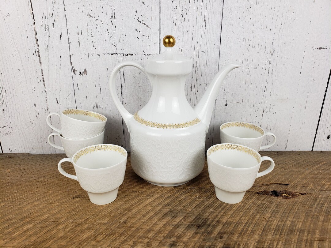 Vintage German Tea Set Teapot and 5 Teacups White W/ Filigree - Etsy