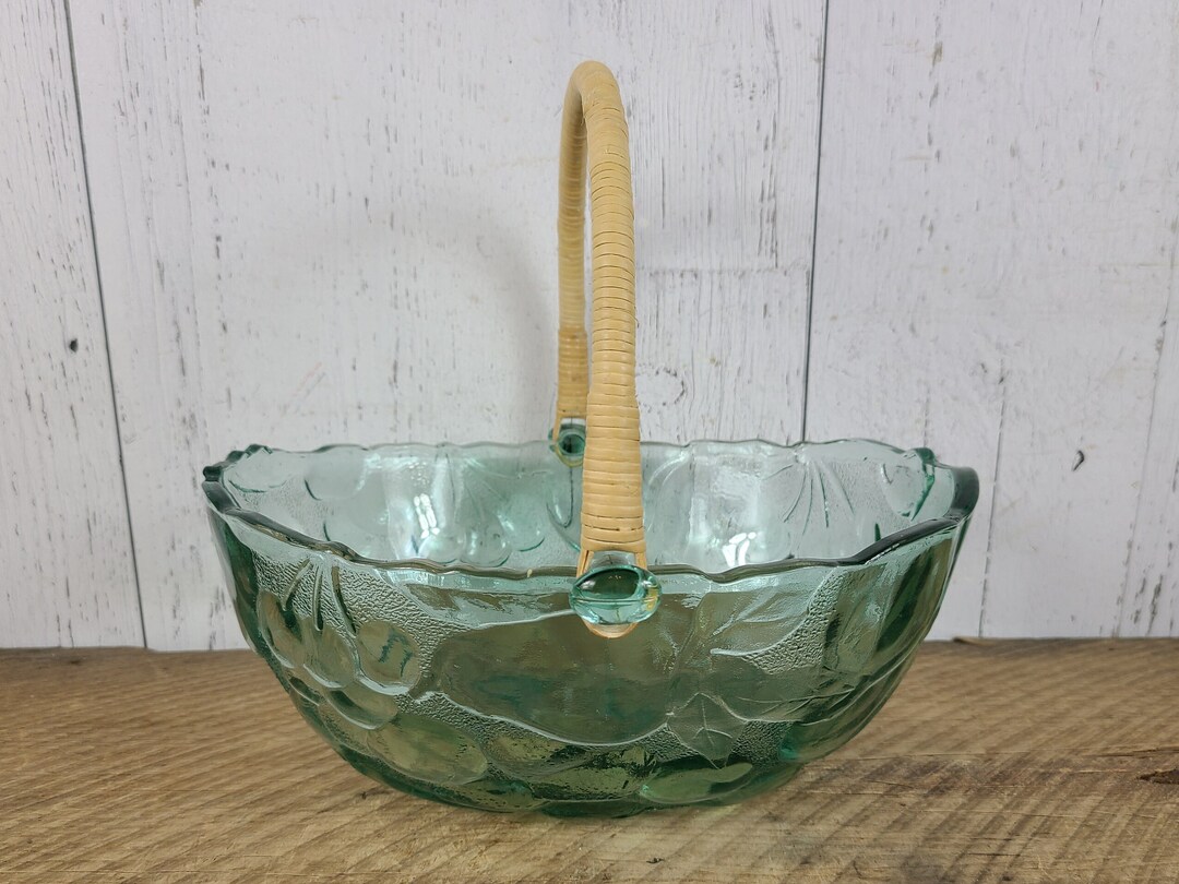 Vintage Libbey Glass Aqua Basket 10 Wide Bowl W/ Handle Orchard Fruit ...
