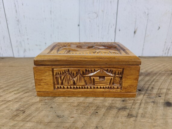 Vintage Rustic Wood Treasure Box Hand Carved Landscap… - Gem