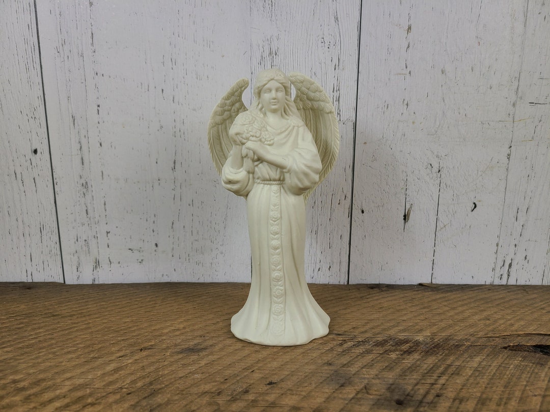 Vintage Angel Holding Flowers Statue Cream Bisque Porcelain Figurine ...