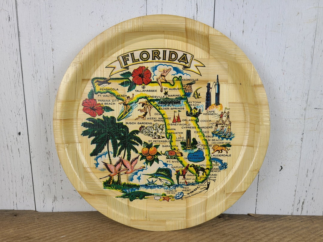 Vintage Florida State Landmarks Map Tray 13 Wide Souvenir Gift Platter ...
